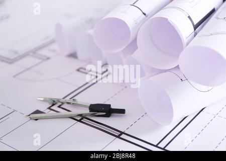 Set of construction blueprints with divider closeup Stock Photo - Alamy