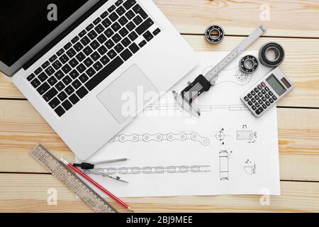 Engineering drawings of parts with tools, top view Stock Photo - Alamy