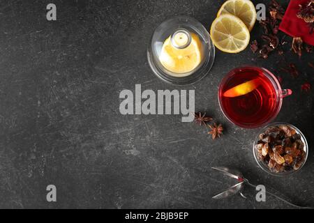 Ingredients for tea drinking on grey background, flat lay Stock Photo ...