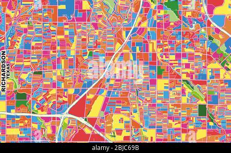Color art map of Richardson, Texas, UnitedStates in blues and oranges ...