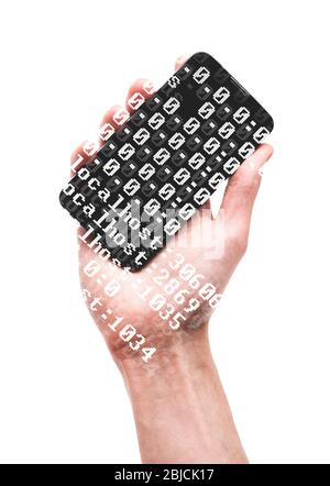 hand holding a smartphone with many people pictures on the screen ...