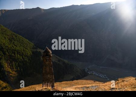 Caucasus, Georgia, Tusheti region, Kvavlo. The medieval tower of Kvavlo ...