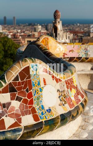 Barcelona. Detail of a ceramic bench in the Park Guell designed by the ...