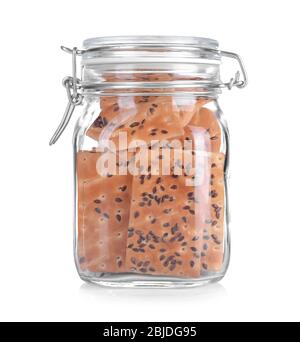 Delicious cereal cookies in jar on white background Stock Photo - Alamy