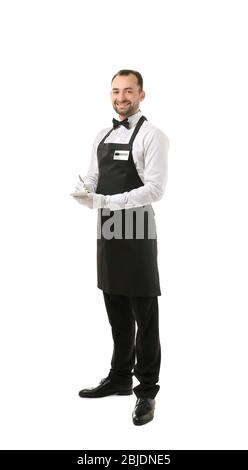 Handsome waiter with notebook and pen on white background Stock Photo ...
