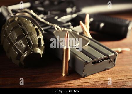 Military set on wooden background Stock Photo - Alamy