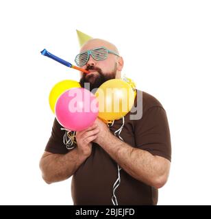 Funny fat man with gift and balloons. Happy birthday. Joy and fun Stock ...
