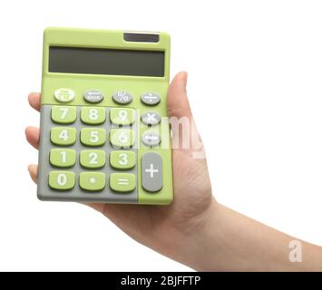 a hand holding calculator isolated on white Stock Photo - Alamy