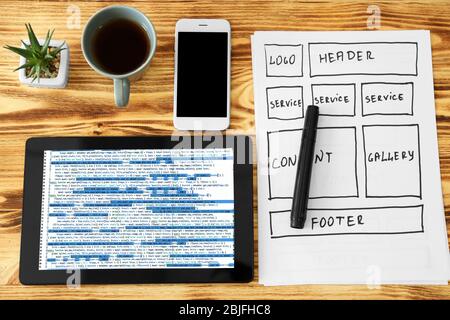Programmer concept. Digital tablet, flowchart and cup of coffee on ...