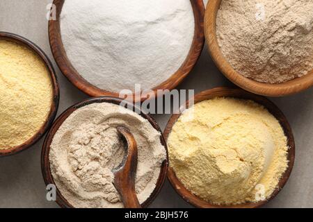 Bowls with different types of flour, closeup Stock Photo - Alamy