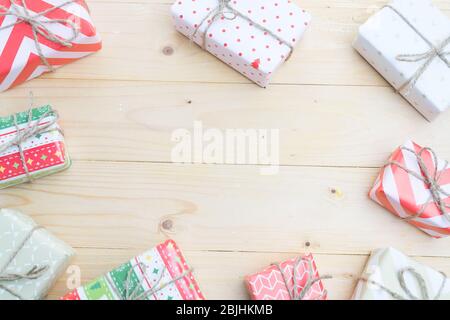 various gift boxes on wooden table, top view Stock Photo - Alamy