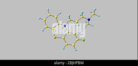 Chlorpromazine, CPZ molecule. Phenothiazine antipsychotic, used to ...