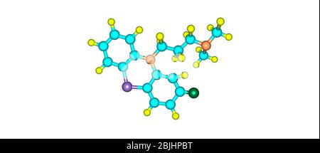 Chlorpromazine, CPZ molecule. Phenothiazine antipsychotic, used to ...