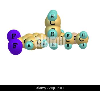 Fluoxetine antidepressant drug (SSRI class) molecule. Blue skeletal ...