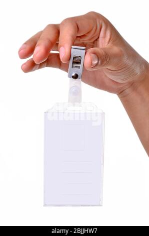 tag name clip in hand on the white background Stock Photo - Alamy