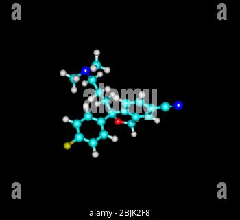 Escitalopram antidepressant drug (SSRI class) molecule. Stylized ...