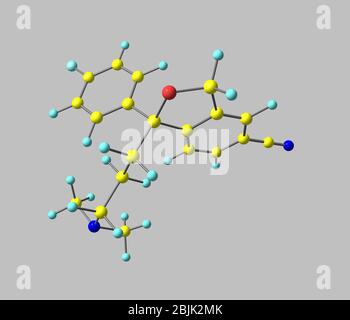 Escitalopram antidepressant drug (SSRI class) molecule. Stylized ...