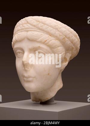 Marble head of young woman, ancient Greek goddess bust on white ...