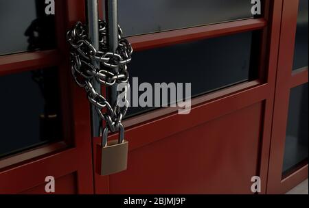 A red generic storefont door chained shut and locked with a chain an ...