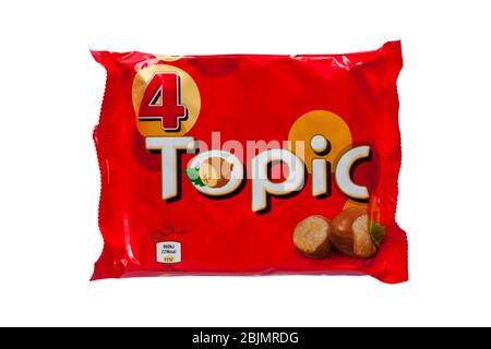 Topic chocolate bar on white background with open cut up bar by the ...