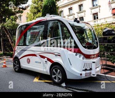 Autonomous electric driverless bus being recharged, Principality of ...