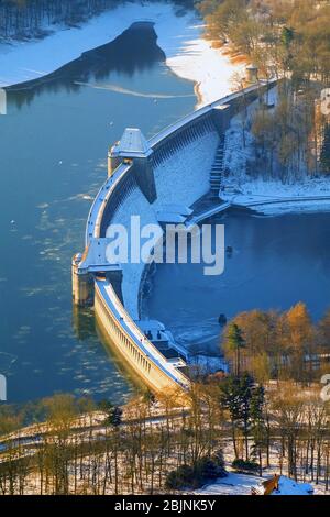 Aerial view, Moehne dam, reservoir, Moehnesee lake, Sauerland, North ...