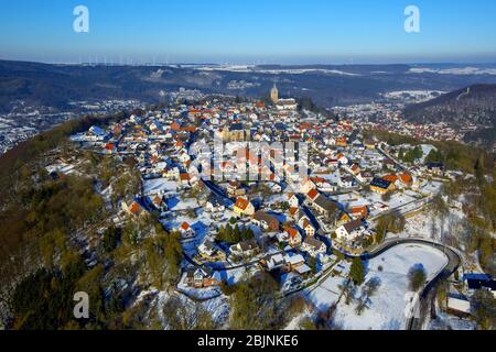 Aerial view, Obermarsberg Monastery with St. Peter and Paul Collegiate ...