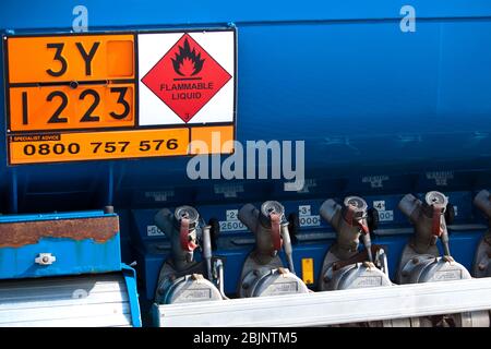 Fuel tanker lorry hazard signs and two wheels Stock Photo - Alamy