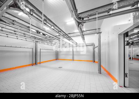 Industrial loading dock area inside cold storage warehouse ...