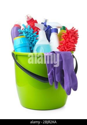 Plastic bucket with different cleaning supplies isolated on white Stock ...