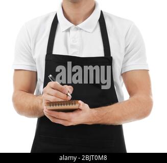 Waiter writing order on white background Stock Photo - Alamy