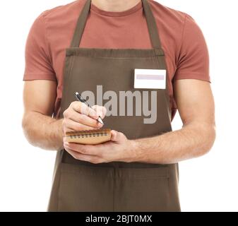 Waiter writing order on white background Stock Photo - Alamy
