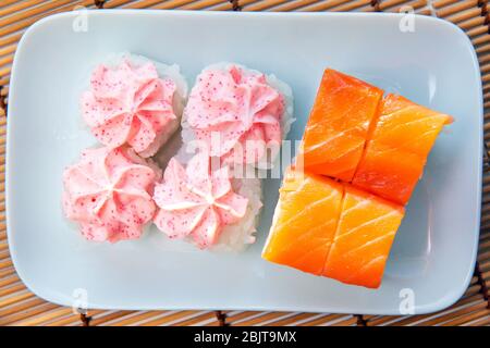 Philadelphia Roll with cream cheese, wrapped with fresh salmon plastics ...