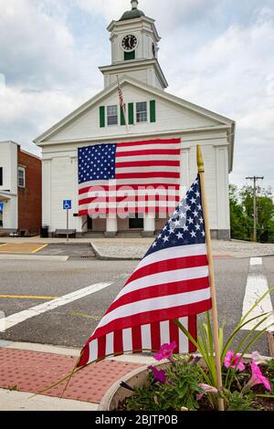 The Barre, Massachusetts Town Hall with a very large American flag ...