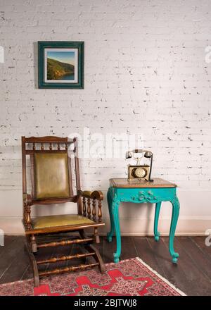 Set of vintage objects with a telephone in the foreground, a record ...