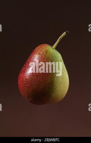 Fresh floating single pear on brown background Stock Photo - Alamy