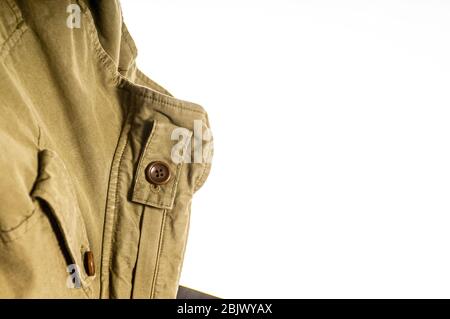 Jacket draped over wooden chair on white background Stock Photo - Alamy