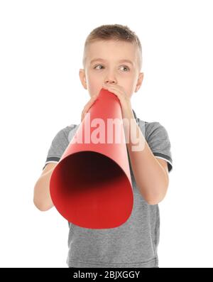 Cute little boy with paper megaphone on white background Stock Photo ...