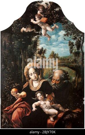 'Holy Family' by Coecke van Aelst is a masterful Renaissance oil painting that captures the ...