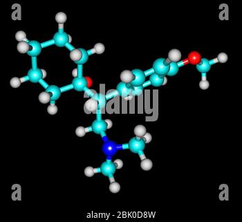 Venlafaxine antidepressant drug (SNRI class) molecule. White skeletal ...