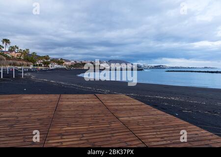 Empty beaches, Playa Beril, in the tourist resort areas of Costa Adeje ...