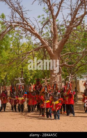 Dogon people (men only) in traditional dance costumes in the village of ...