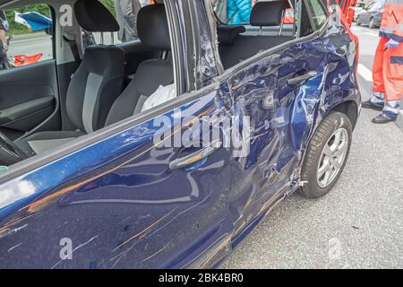 blue car damaged by crash accident Stock Photo - Alamy