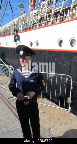 Cadets of the Sedov four mast sailing bark play guitar at leisure Stock ...