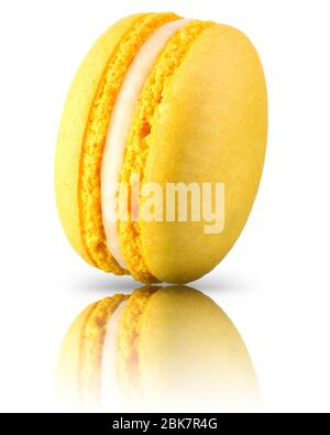 Macro photo of french yellow macaroon isolated on white background ...