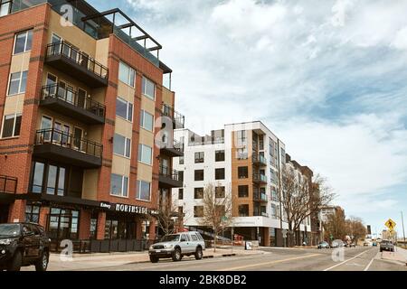 Denver, Colorado - May 1st, 2020: Commercial businesses and restaurants ...
