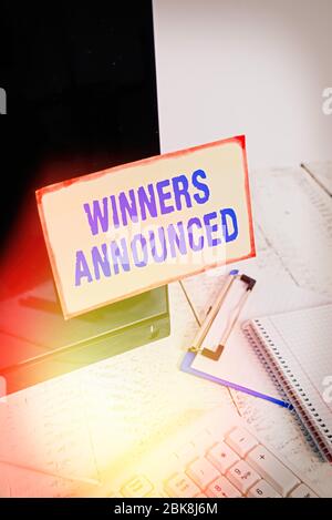 Writing note showing Winners Announced. Business photo showcasing ...