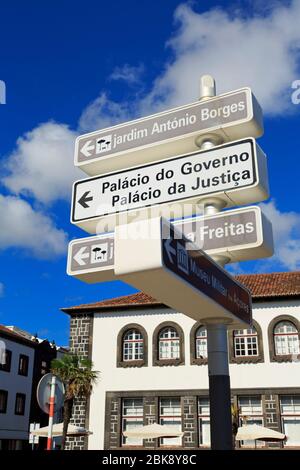 Road signs, Vasco Da Gama Square, Ponta Delgada City, Sao Miguel Island ...