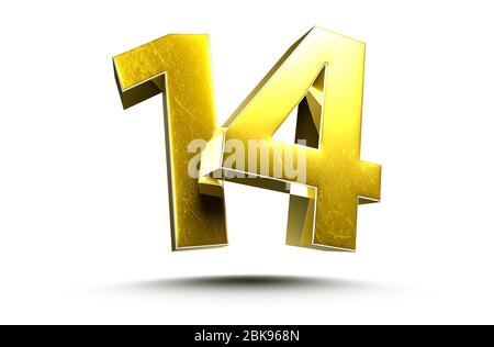3d illustration of golden number 14 or fourteen isolated on beige ...