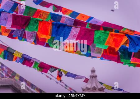 Buddha monastery, colorful flags and monsters Stock Photo - Alamy